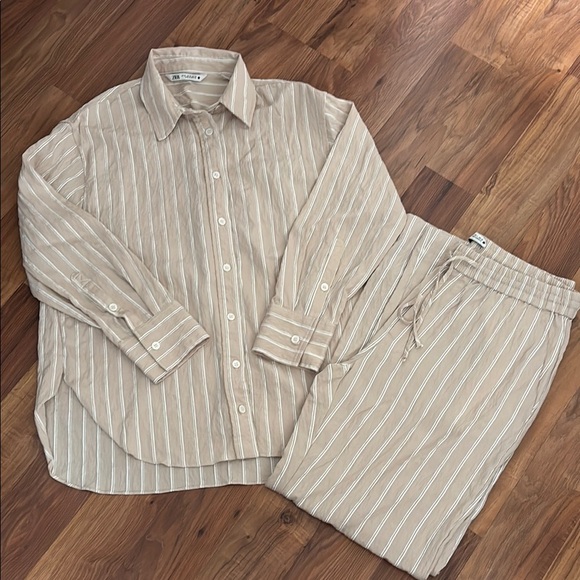 Zara | Other | Zara Beige White Striped Pant Set L Size M Top L Bottom ...